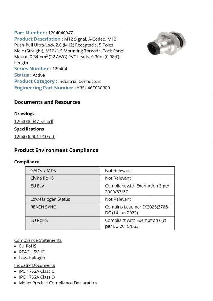 Molex specification document page 1