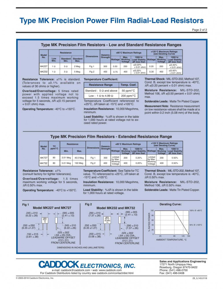 Caddock Type MK precision power film resistor datasheet page 2