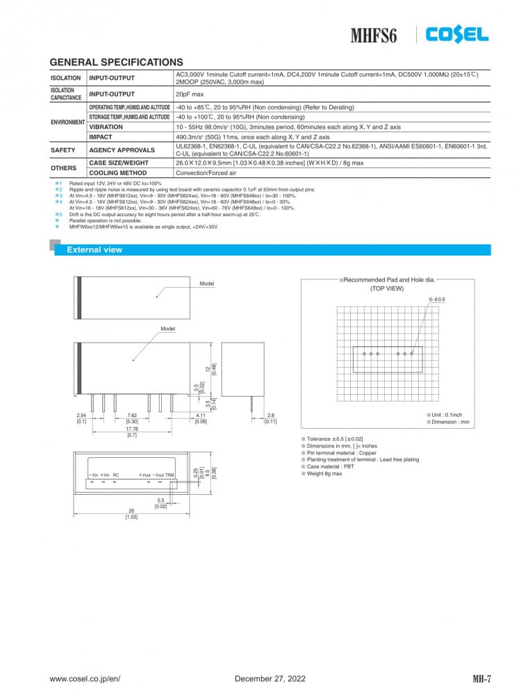 Cosel MHFS series datasheet page 7