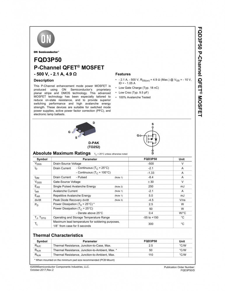FQD3P50 datasheet page 1