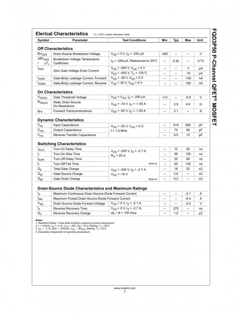 FQD3P50 datasheet page 2