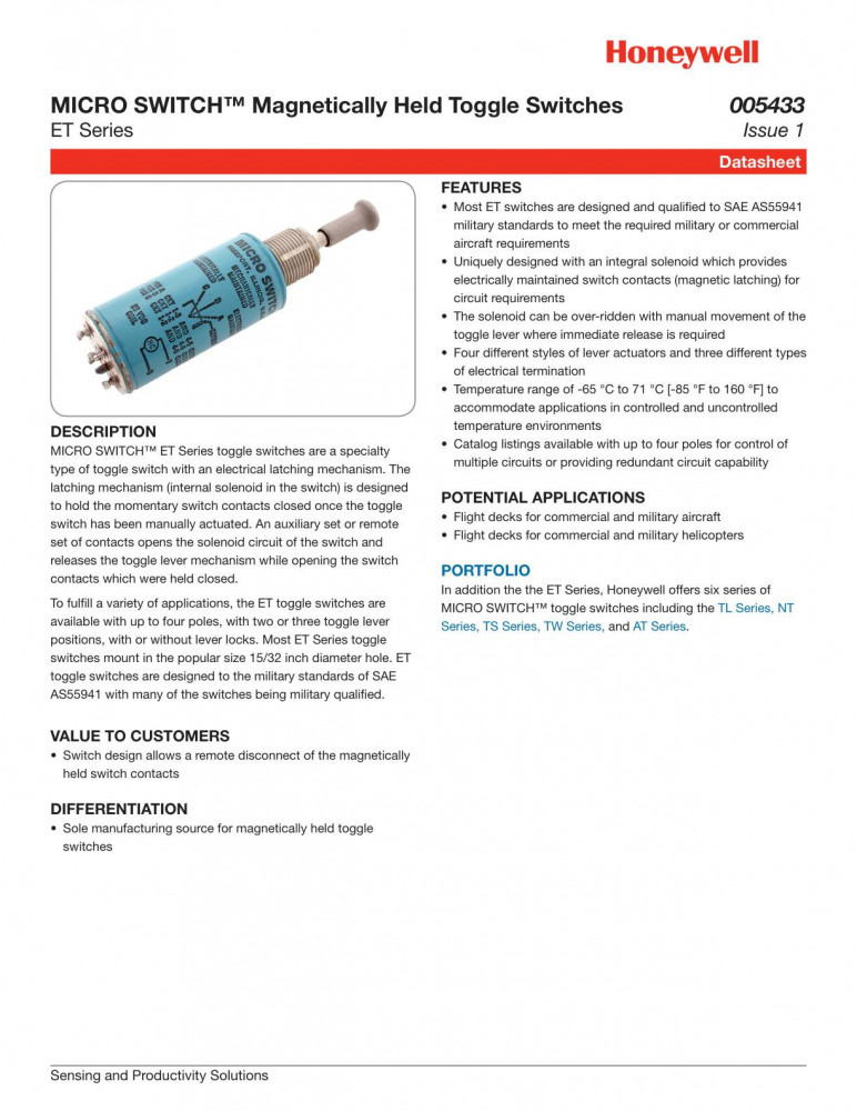 Honeywell ET Series datasheet page 1