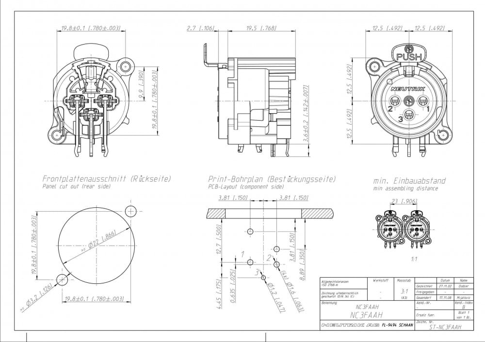 Neutrik NC3FAAH technical drawing page 1