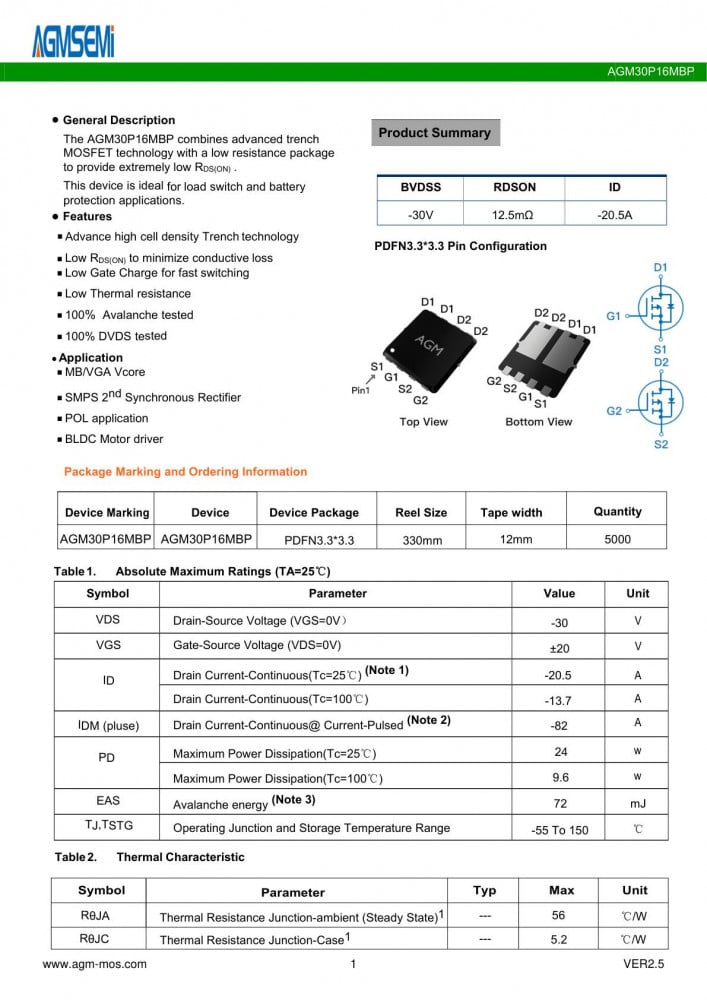 AGM30P16MBP datasheet page 1