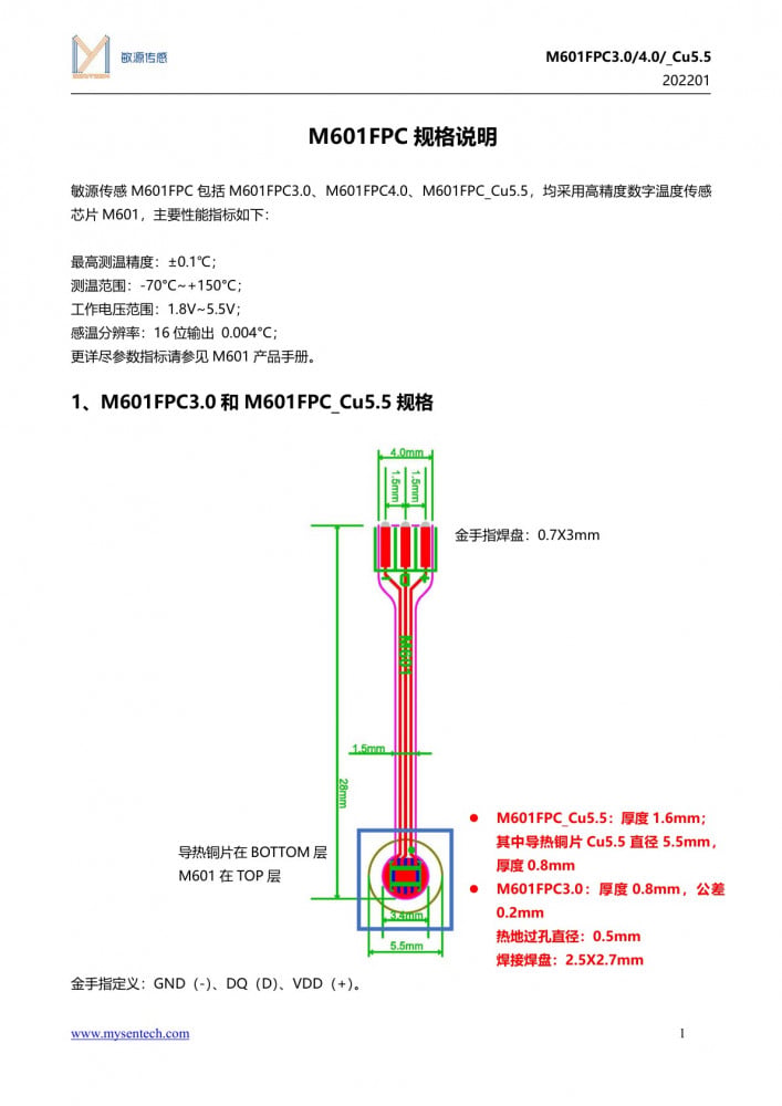 M601FPC3.0 and related M601FPC mechanical specification page