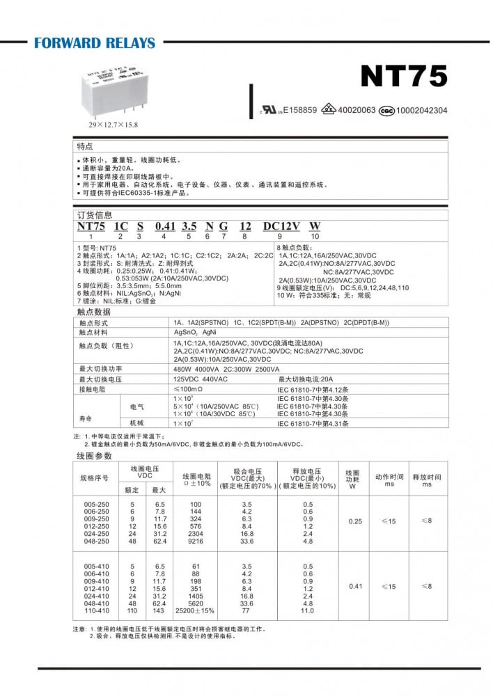 NF NT75 relay datasheet page 1
