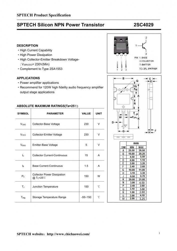 SPTECH 2SC4029 datasheet page 1