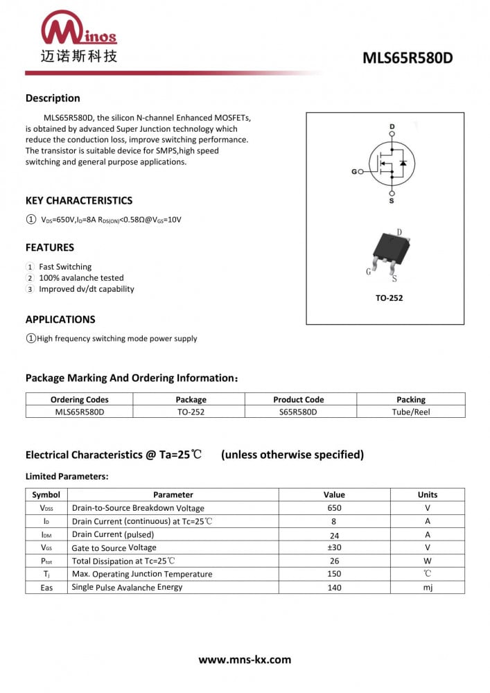 MLS65R580D datasheet page 1
