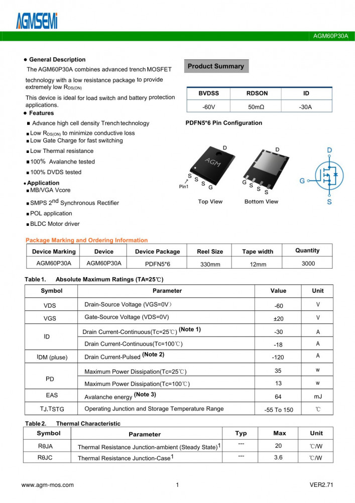 AGM60P30A datasheet page 1
