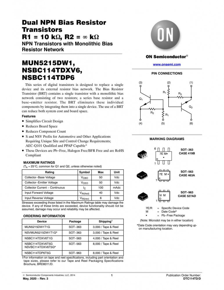 NSBC114TDXV6T1G datasheet page 1
