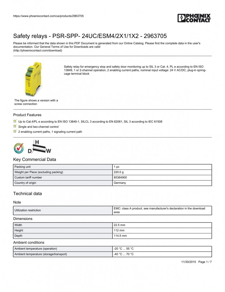 Phoenix Contact 2963705 document page 1