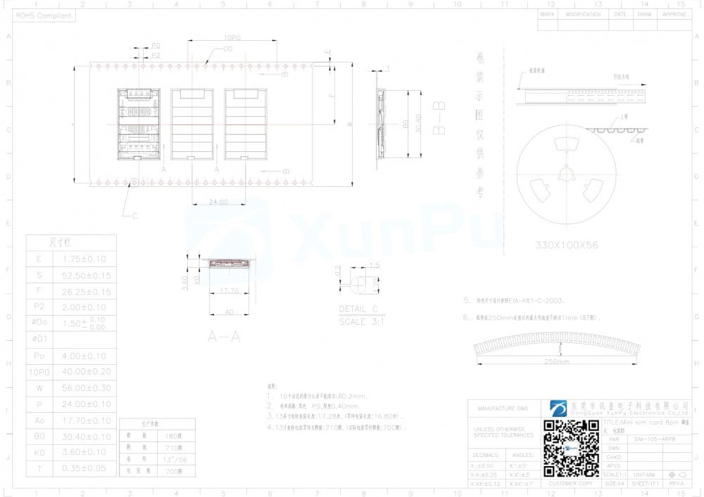 SIM-105-ARP8 packaging and carrier-tape dimensions