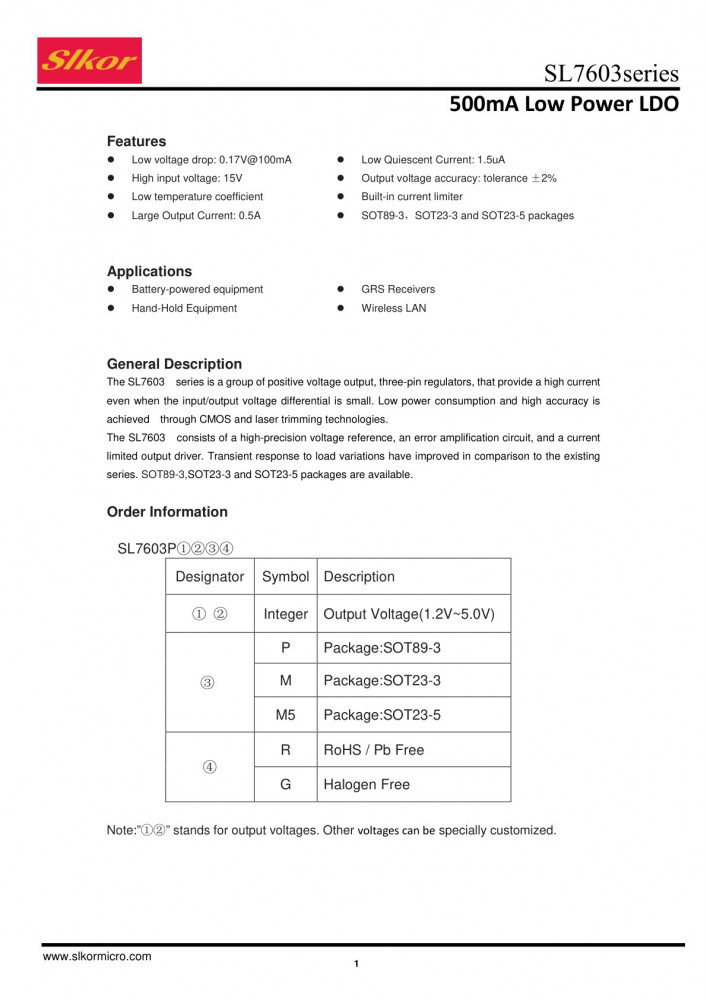 SL7603 datasheet page 1