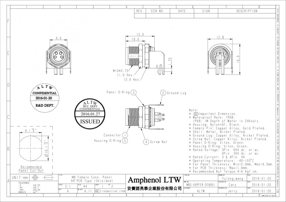 M8S-03PFFR-SF8001 technical drawing page 1