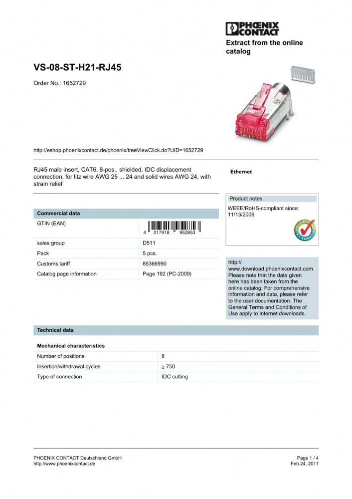 Phoenix Contact 1652729 technical document page 1