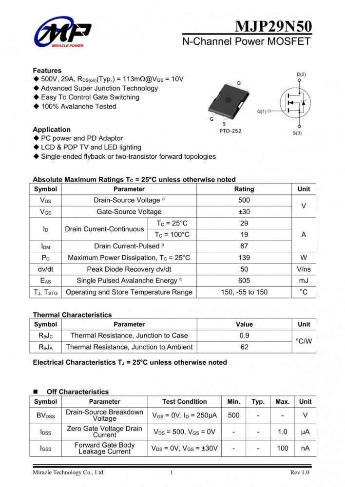MJP29N50 datasheet page 1