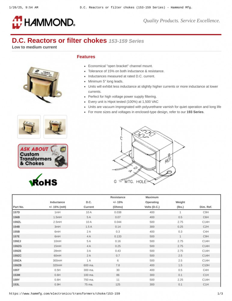 Hammond 153-159 series technical document page 1