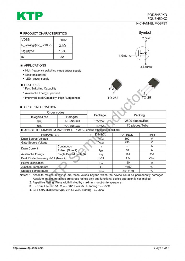 FQD5N50XD datasheet page 1