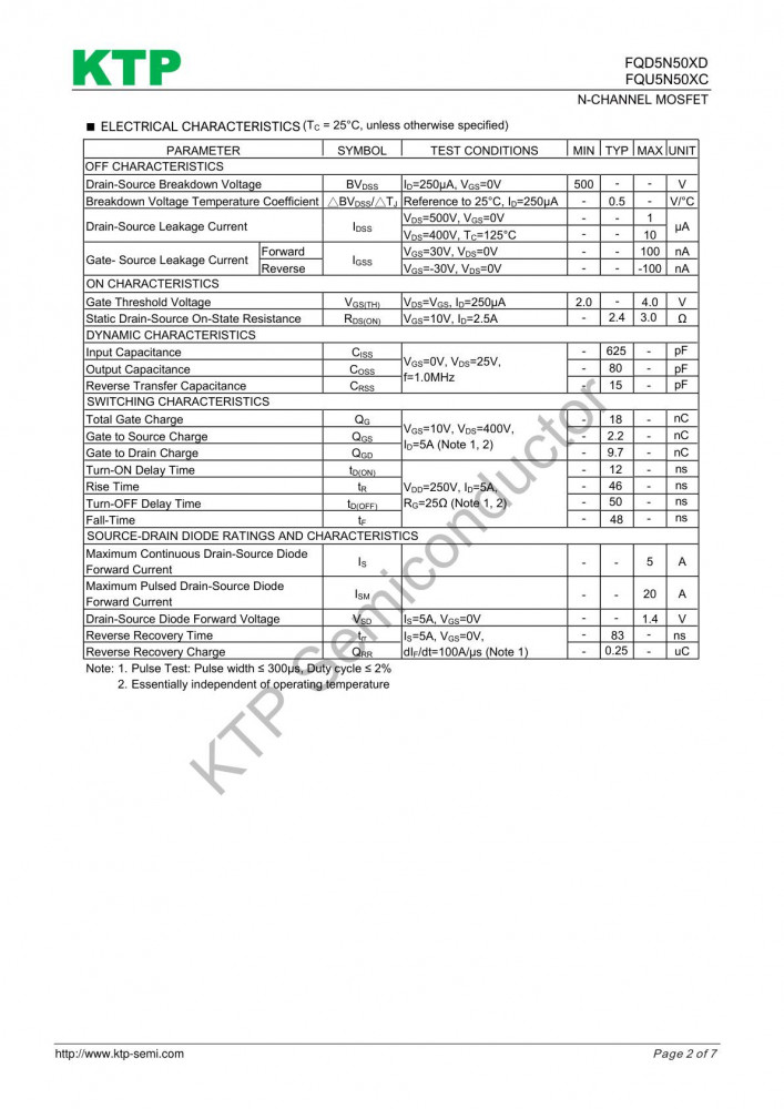 FQD5N50XD datasheet page 2
