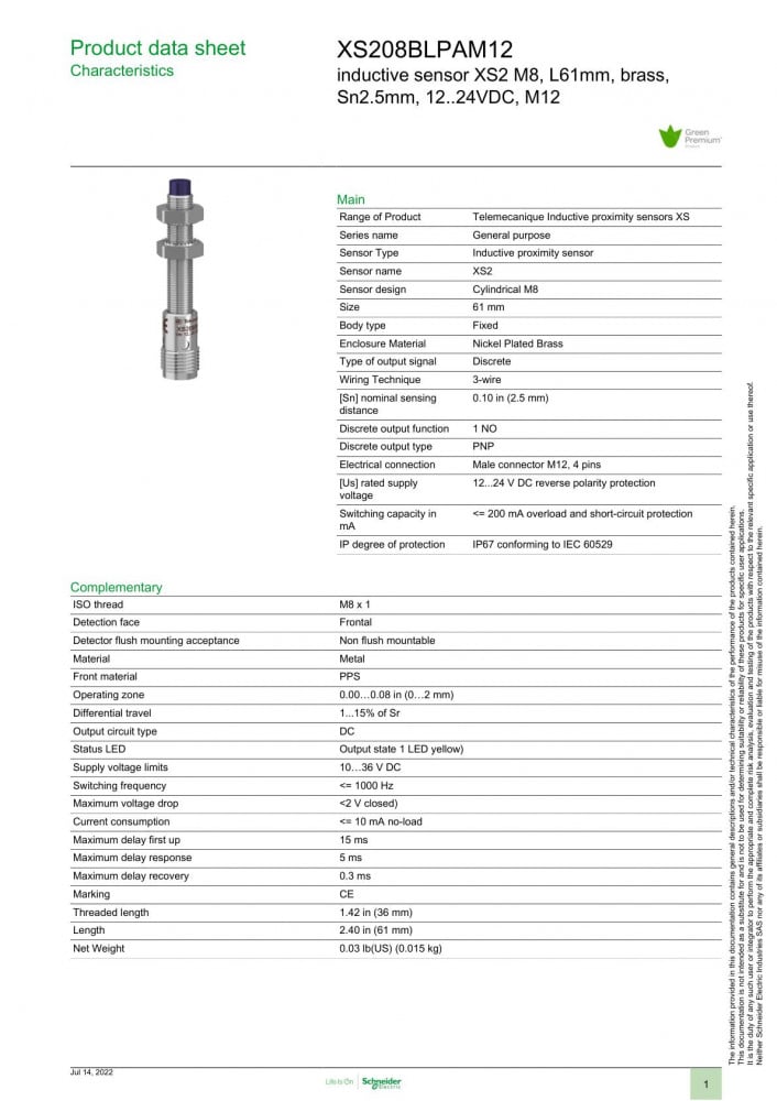 XS208BLPAM12 technical document page 1