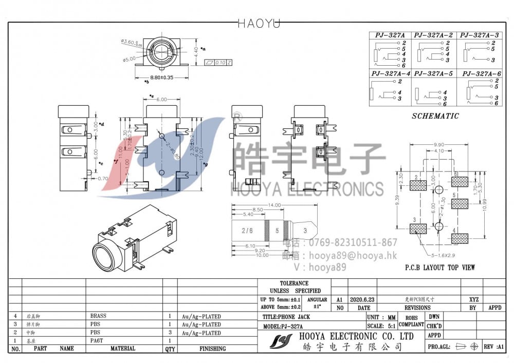 HOOYA PJ-327A phone jack drawing