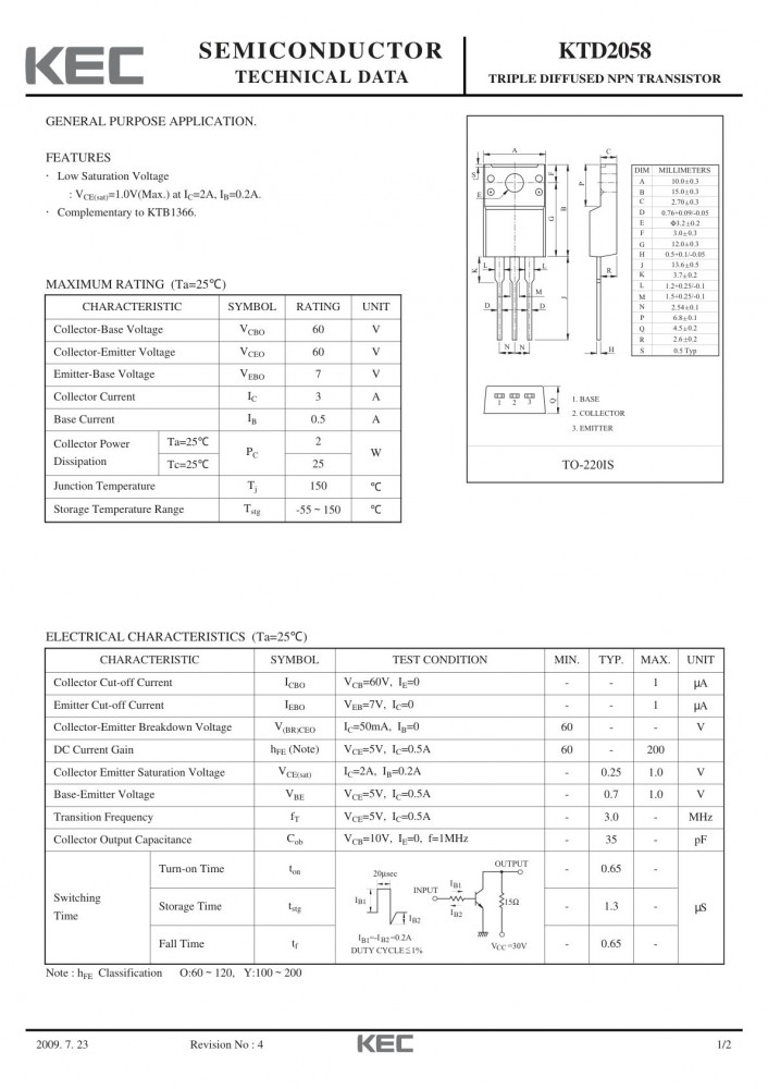 KTD2058-Y-U/PF datasheet page 1