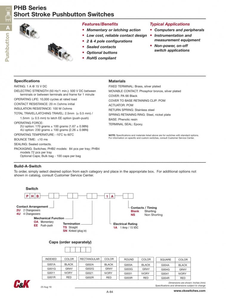 C&K PHB Series datasheet page 1