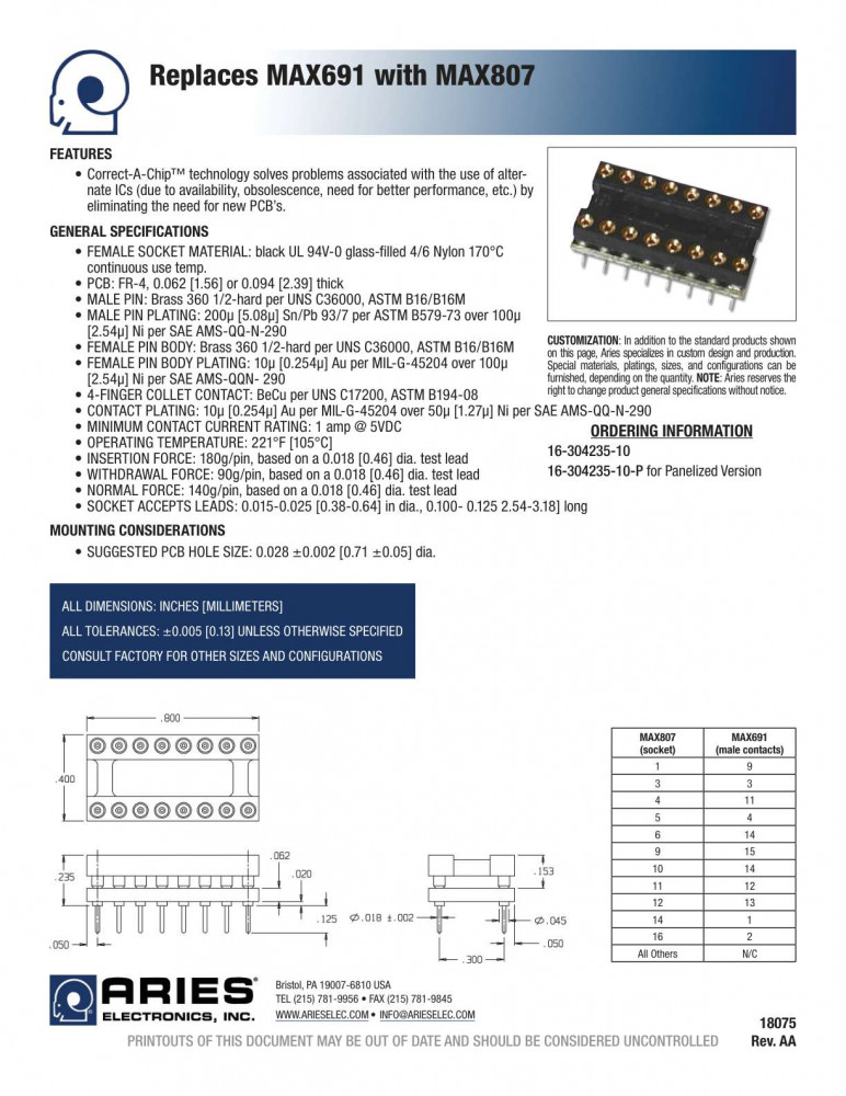 Aries Electronics 18075 product drawing