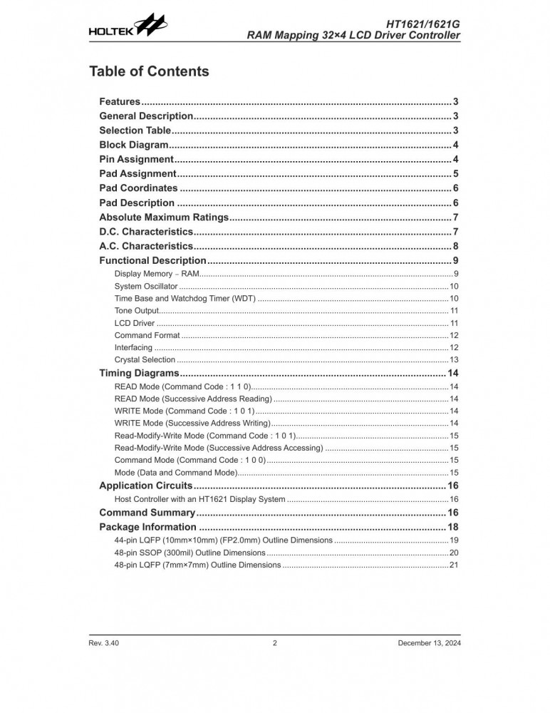HT1621 datasheet page 2
