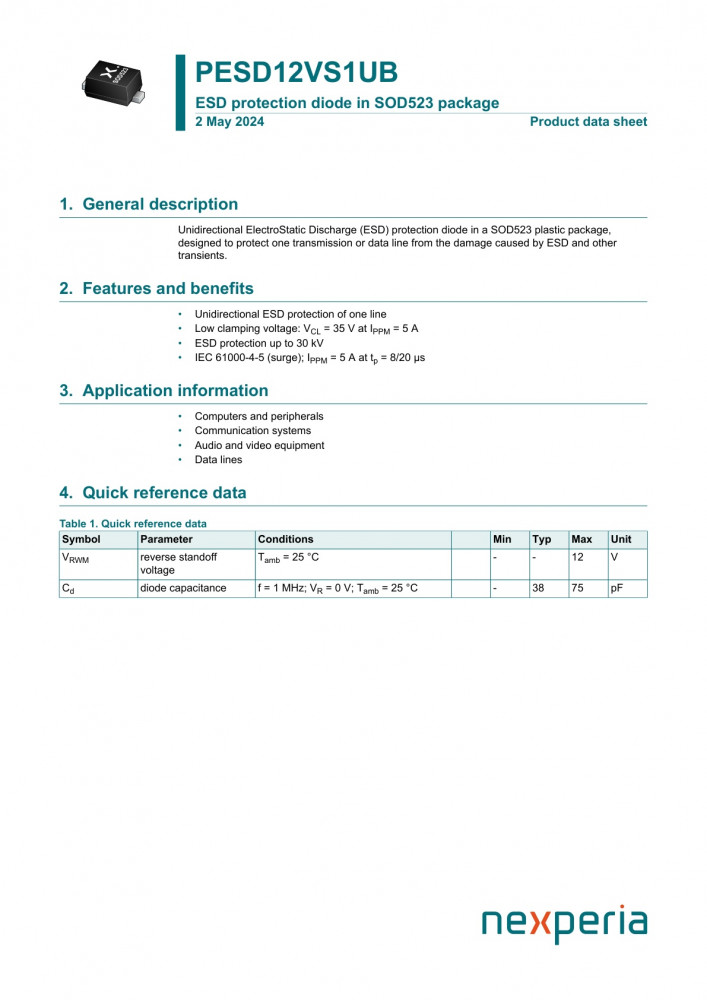 PESD12VS1UB datasheet page 1