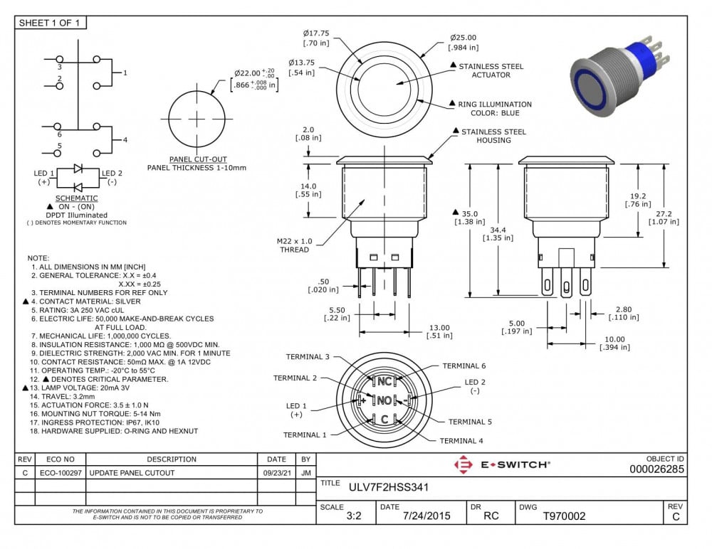 E-Switch ULV7F2HSS341 technical drawing