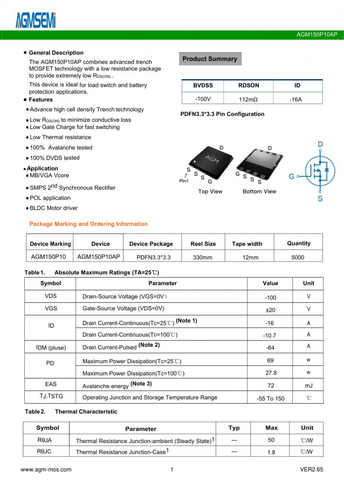 AGM150P10AP datasheet page 1