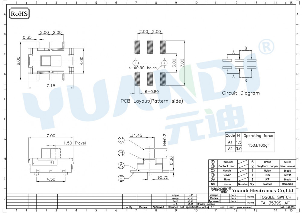 Yuandi TA-3539S-A1 toggle switch technical drawing