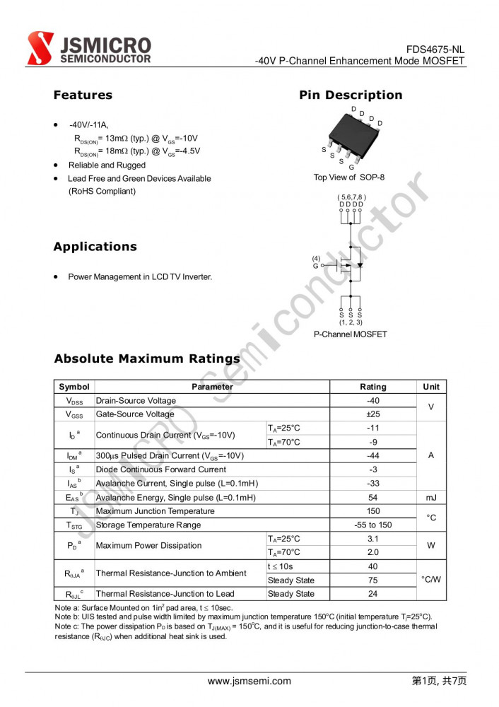 FDS4675-NL-JSM datasheet page 1
