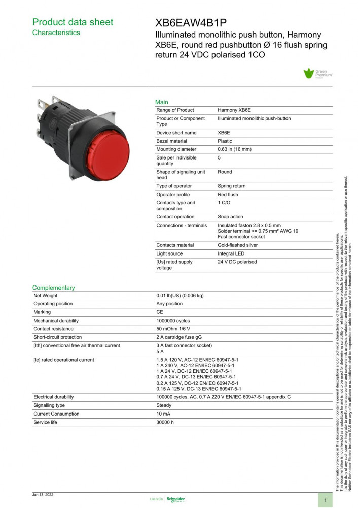 XB6EAW4B1P technical document page 1