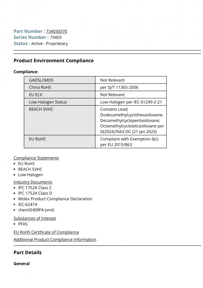 Technical document image 1 for MOLEX 734030370