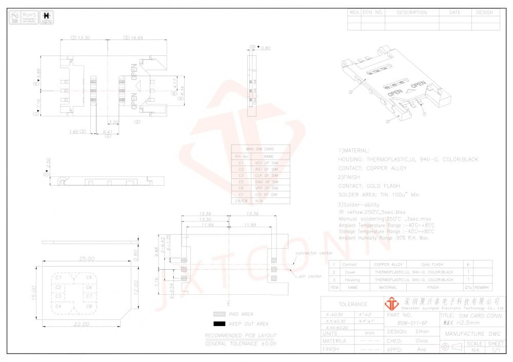 JXTCONN BSIM-011-6P PC Card Socket index 1