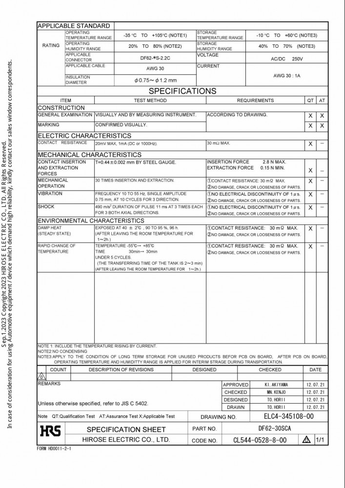 HRS DF62-30SCA specification sheet preview