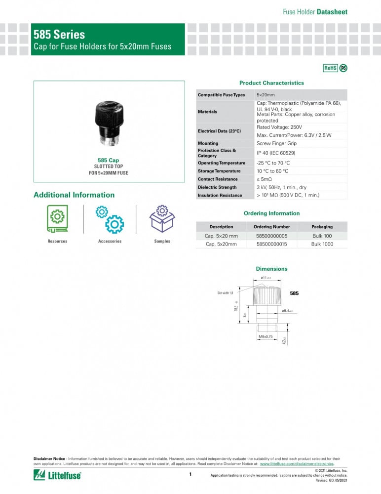 Littelfuse 58500000005 technical document page