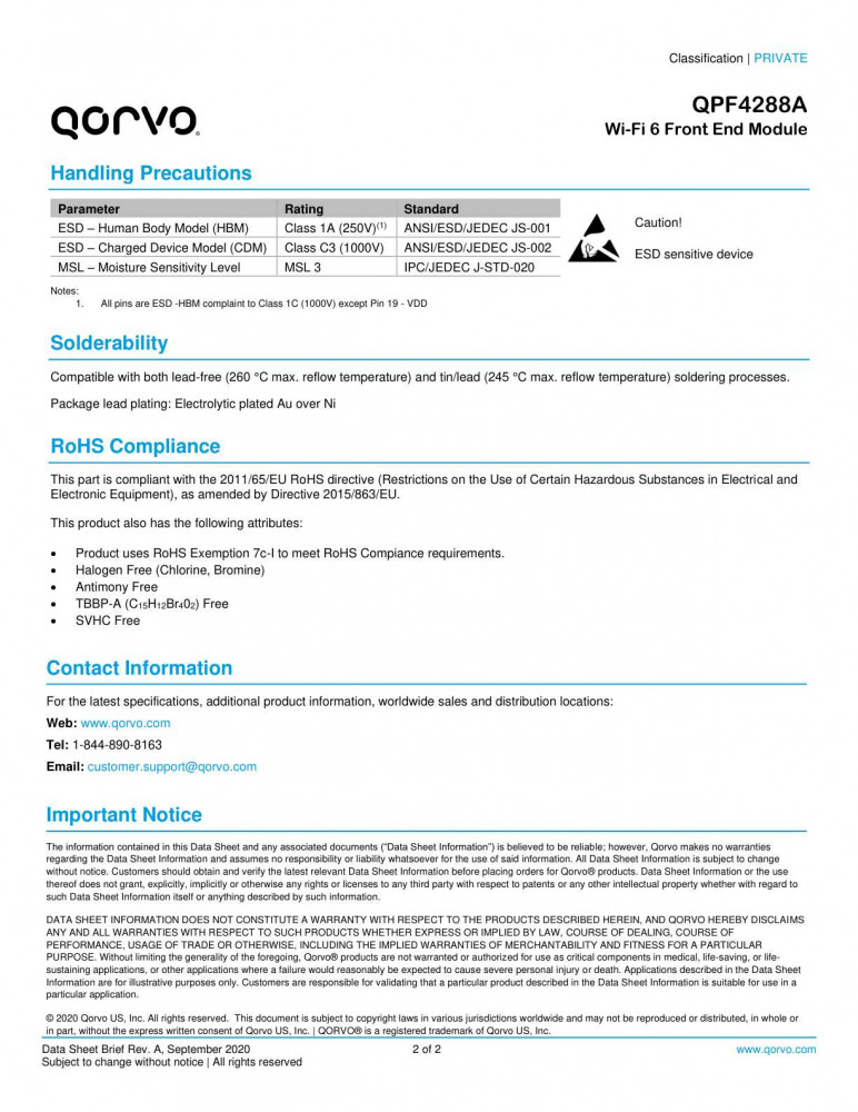 QPF4288A handling and compliance information