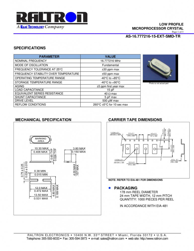 Raltron AS-16.777216-15-EXT-SMD-TR datasheet page 1