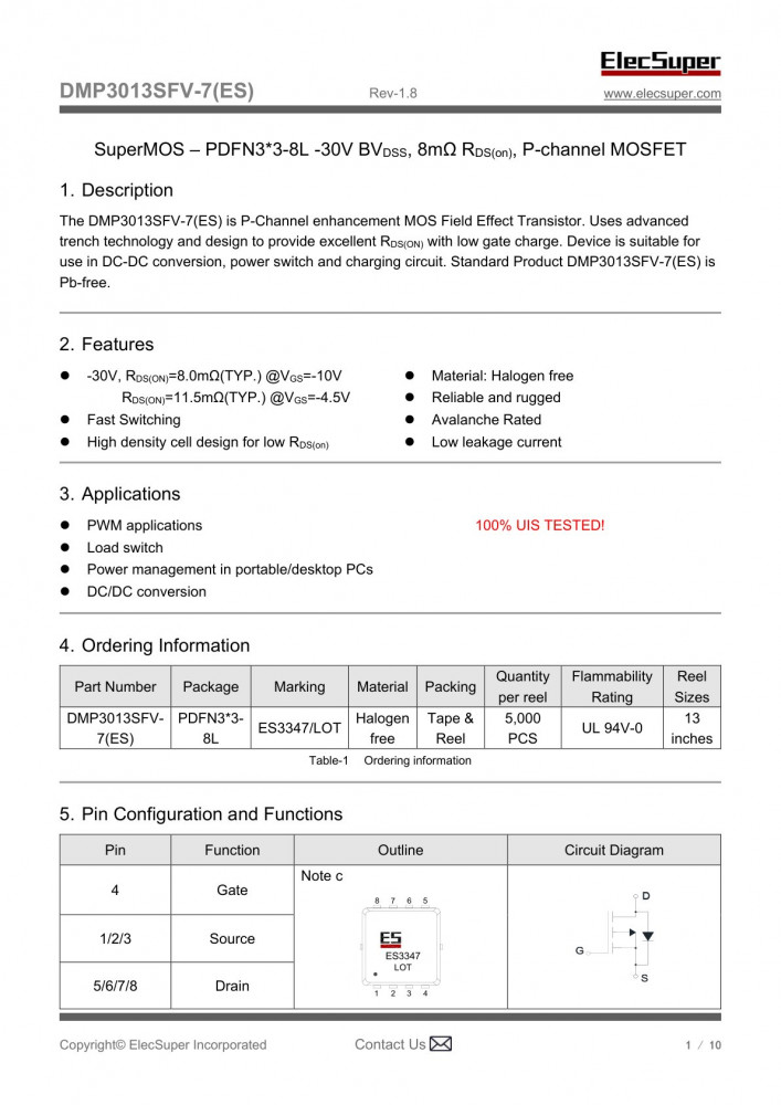 DMP3013SFV-7(ES) datasheet page 1