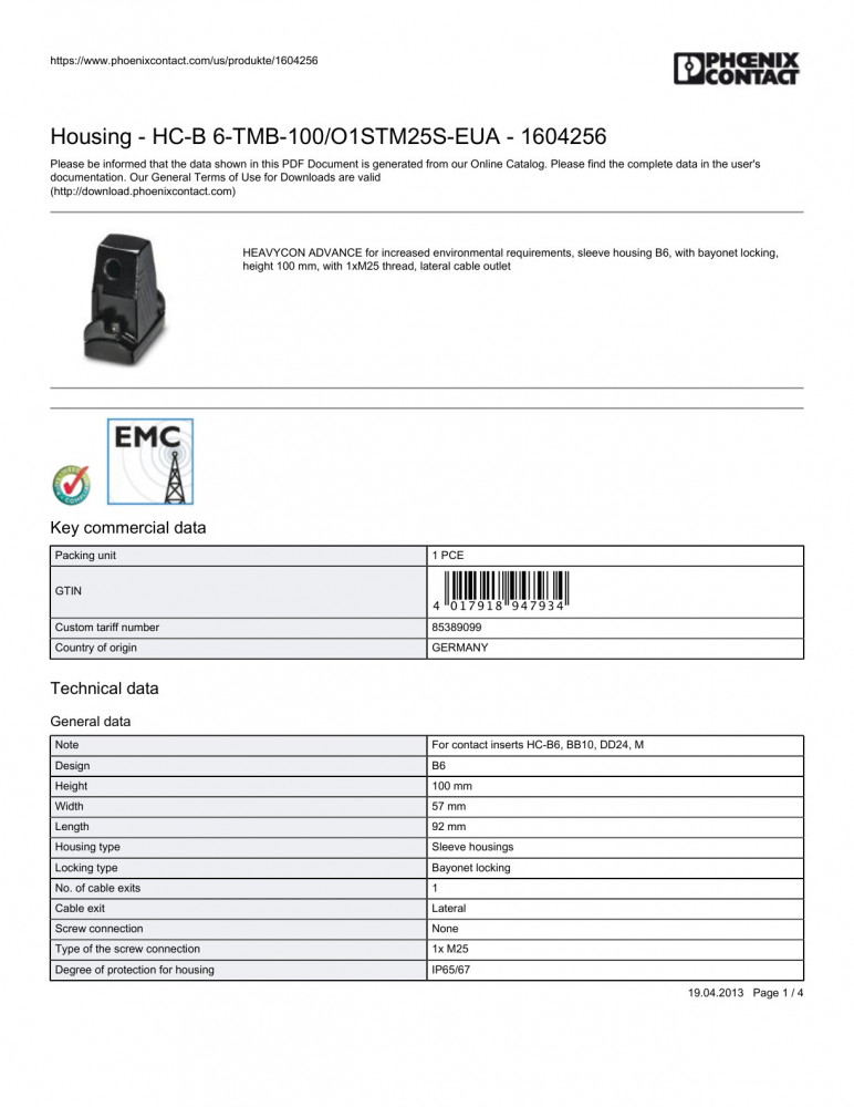 Phoenix Contact 1604256 product document page 1