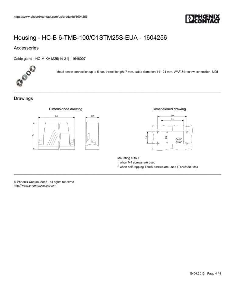 Phoenix Contact 1604256 mounting cutout drawing