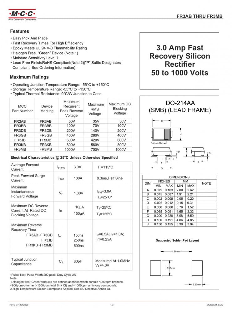 MCC FR3MB-TP datasheet page 1