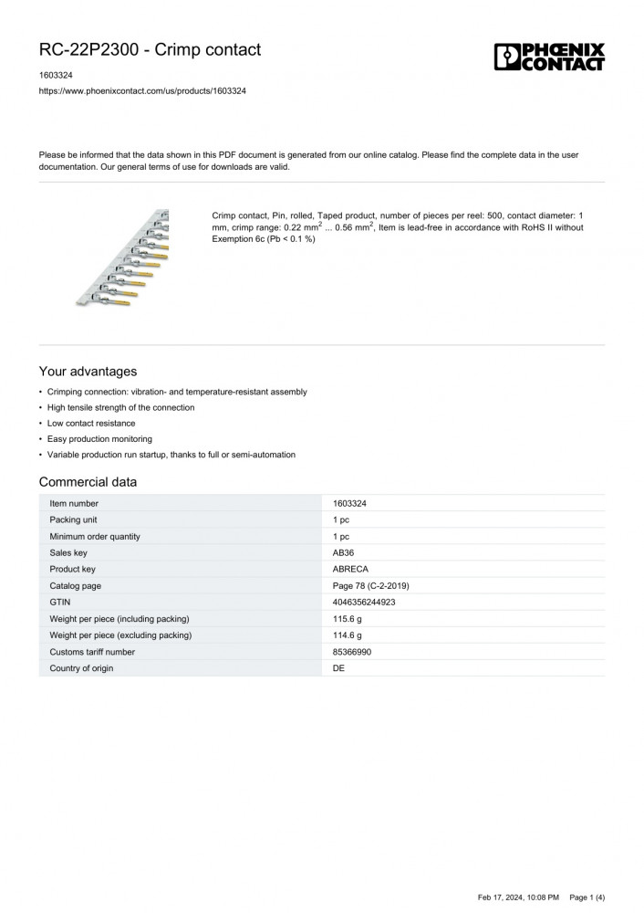 Phoenix Contact 1603324 technical document page 1
