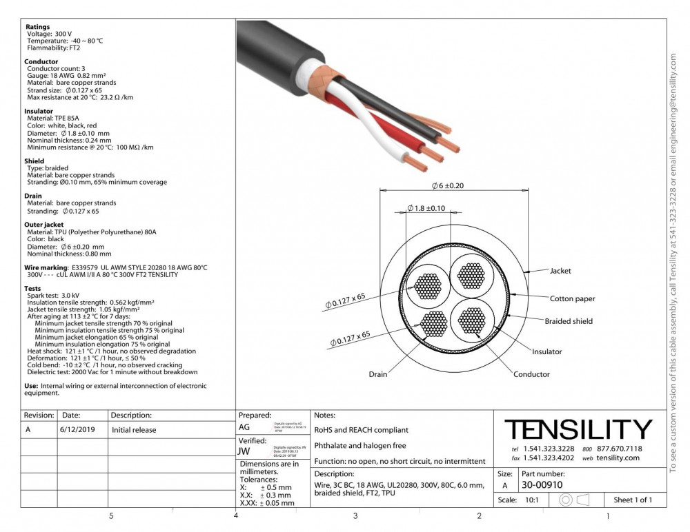 Tensility International 30-00910 cable drawing and specification page