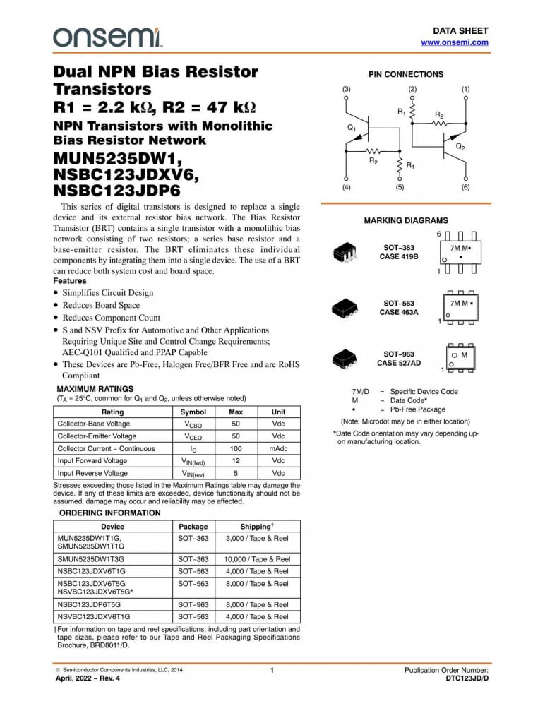 SMUN5235DW1T1G datasheet page 1