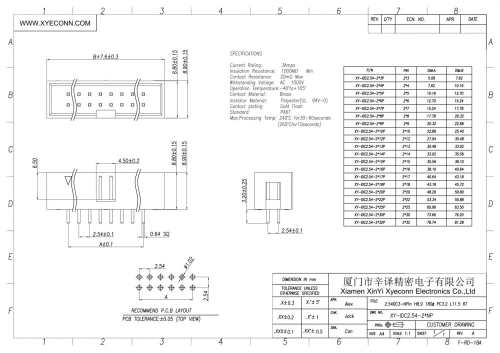 XY-IDC2.54-2*10P technical drawing page 1