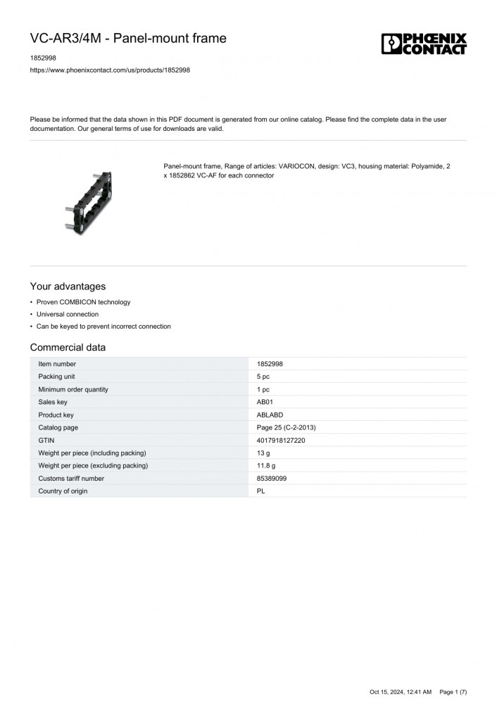 Phoenix Contact 1852998 product document page 1